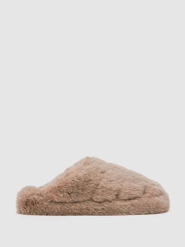 REISS Andrea Faux Fur Slippers - Taupe