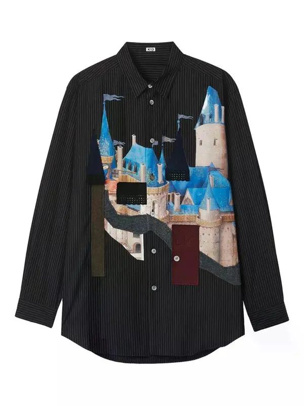 KHOKI Striped Castle-detail Shirt - Black