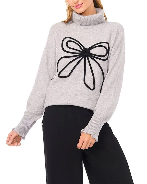 CECE DUPRAZ Embroidered Ribbon Turtleneck Sweater - Light Heather Grey
