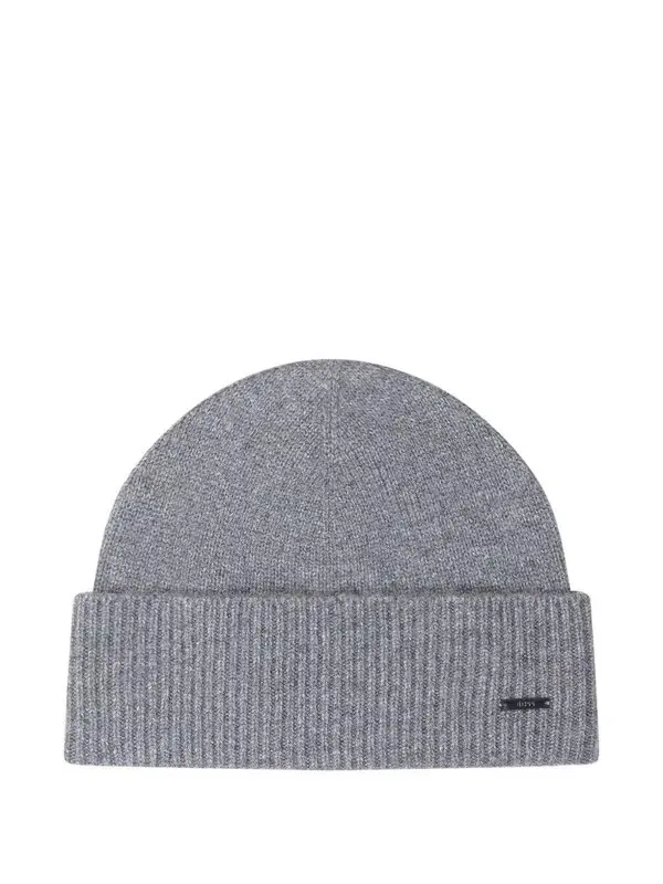 BOSS Logo-plaque Ribbed Beanie - Grey