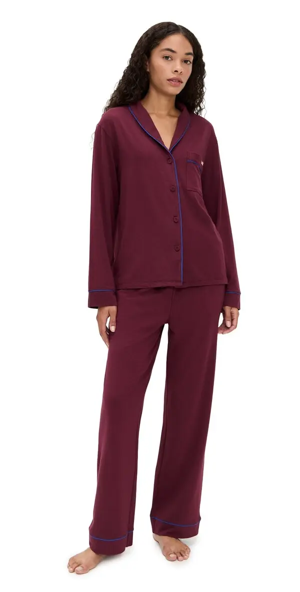 Lunya Slumberknit Shawl Collar Button Down Pants Set - Calliope Wine/royal Lagoon