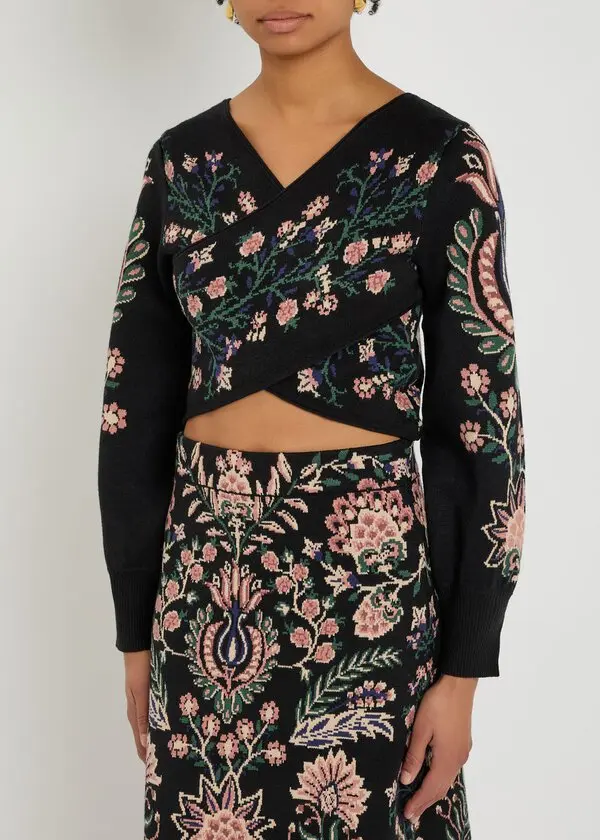 Farm Rio Marvelous Garden Floral-Jacquard Knit Crop Top In Black |  Editorialist