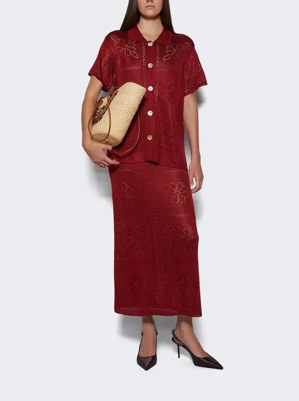 Calle Del Mar Floral Tile Pointelle Knit Skirt - Red