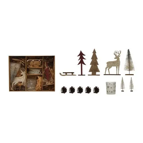 STORIED HOME Candle Garden Kit With Bottle Brush Trees, Tealight, Pinecones And Wood Figures - Silver