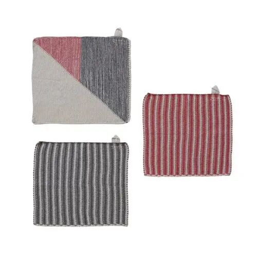 STORIED HOME 3-piece Cotton Knit Dish Cloths With Pattern - Red