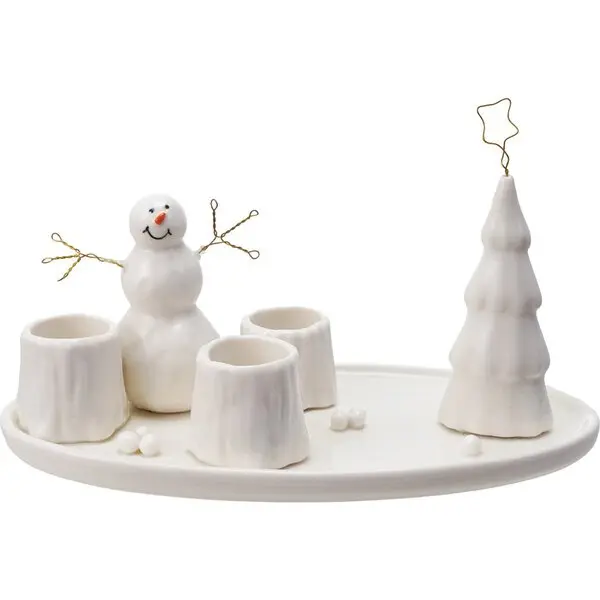 STORIED HOME Stoneware And Wire Taper Holder With Snowman And Tree - White