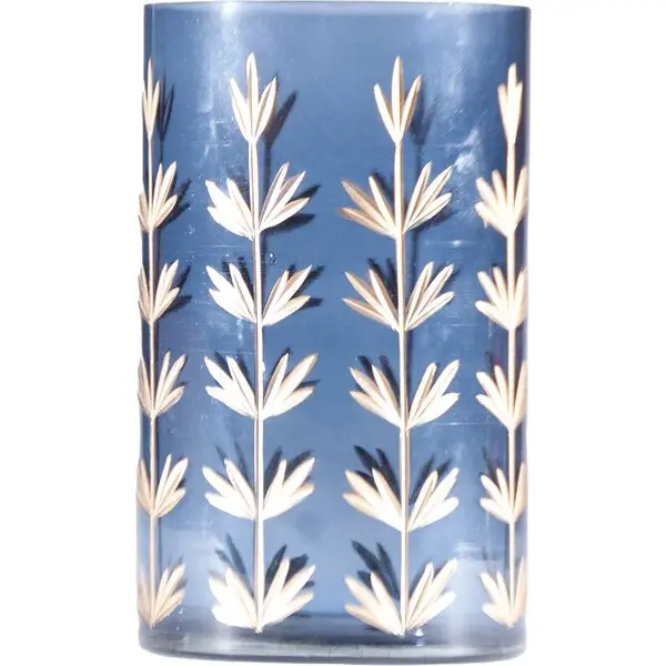 STORIED HOME Hand-painted Cut Glass Candle Holder/vase With Botanical Design - Navy