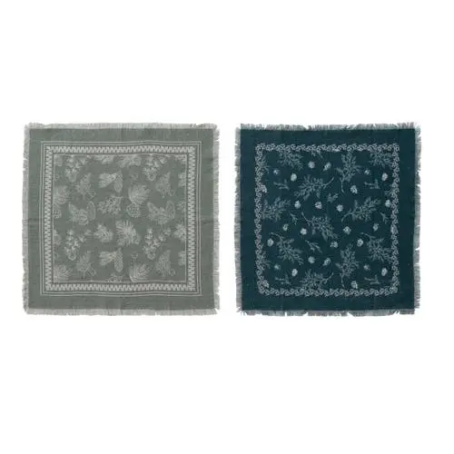 STORIED HOME 4-piece Square Linen Printed Napkins With Pine Bough Patterns And Frayed Edges - Teal