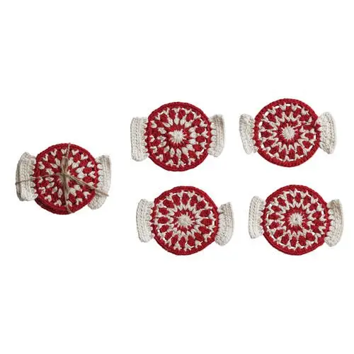 STORIED HOME 4-piece Crocheted Candy Shaped Coasters, Tied With Jute - Red