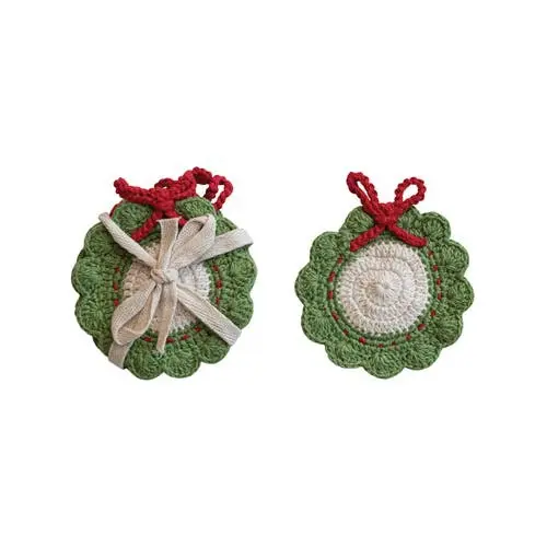 STORIED HOME Cotton Crocheted Wreath Shaped Coasters, Green, And White - Red