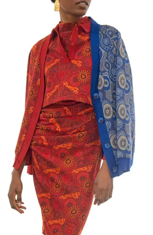 KAHINDO Jacquard Two Tone Cardigan - Red/blue