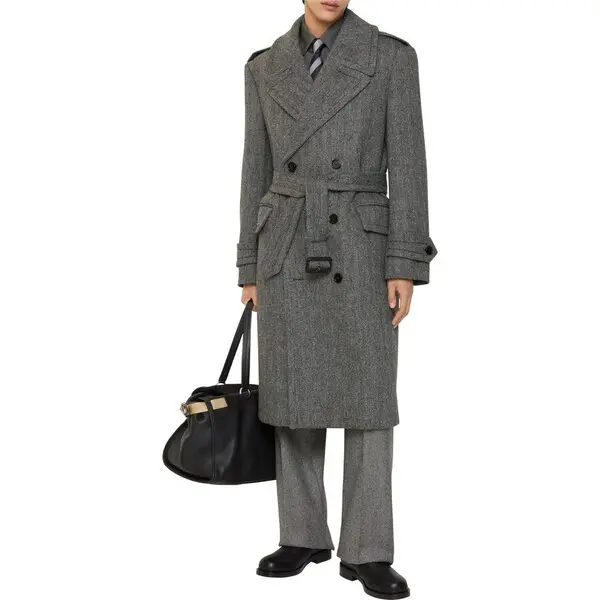 Burberry Long Herringbone Wool Trench Coat