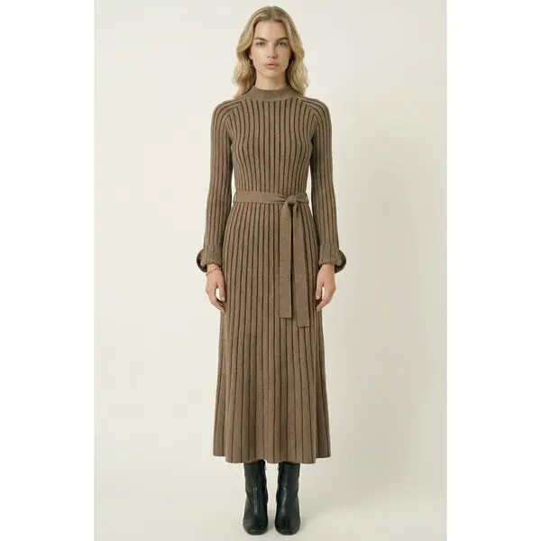 MODENAIRE Ribbed Knit Maxi Dress With Flared Cuffs - Brown