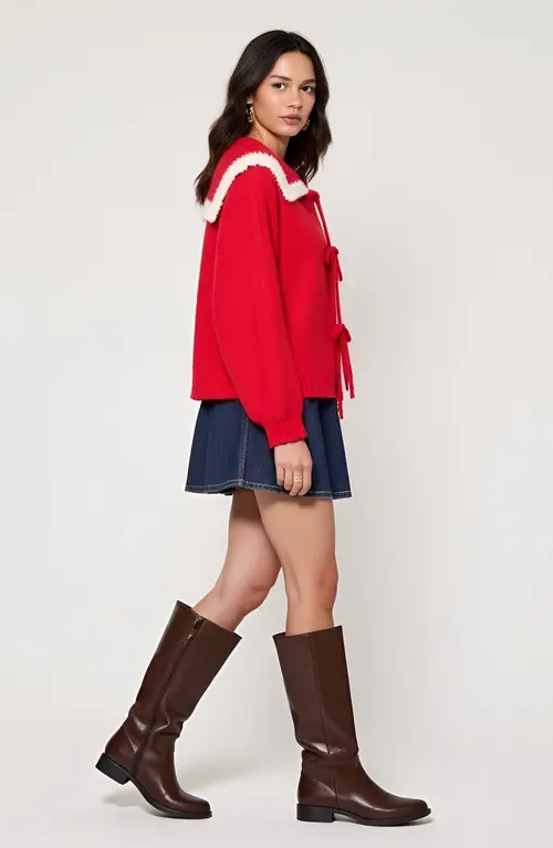 MODENAIRE Ruffle Collar Knit Sweater With Tie-front Closures And Contrast Trim
