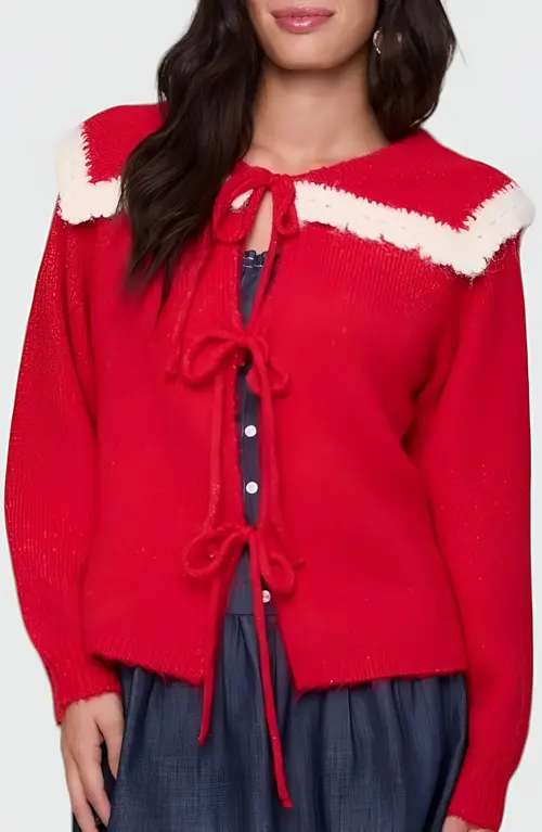 MODENAIRE Ruffle Collar Knit Sweater With Tie-front Closures And Contrast Trim