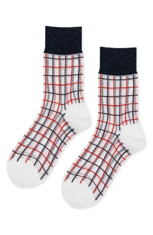 Hansel From Basel Grid Sheer Crew Socks - Red-white