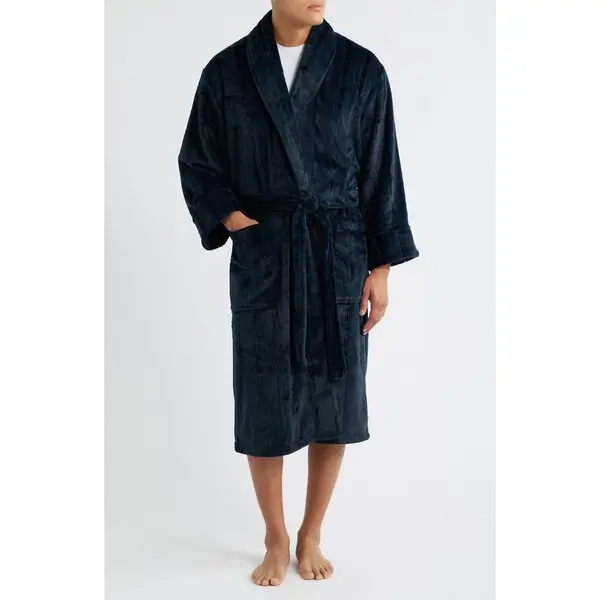 Daniel Buchler Wide Stripe Plush Shawl Collar Robe - Black