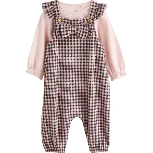 NEXT Pointelle Bodysuit And Bow Accent Check Overalls Set