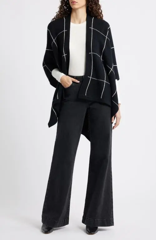 Nordstrom Windowpane Ribbed Wool & Cashmere Poncho - Black Windowpane