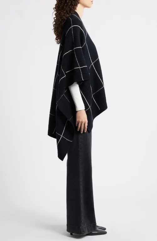 Nordstrom Windowpane Ribbed Wool & Cashmere Poncho - Black Windowpane