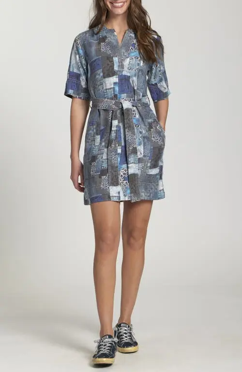 APNY Patchwork Print Belted Midi Dress - Indigo Multi