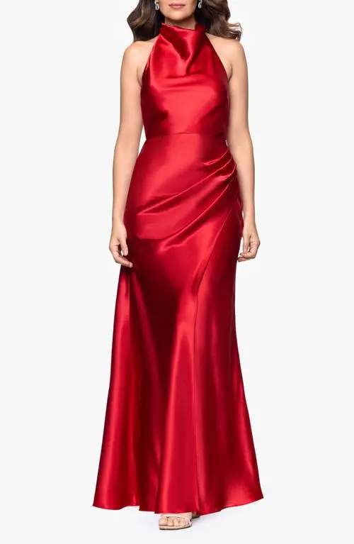 Betsy & Adam Charmeuse Halter Trumpet Gown