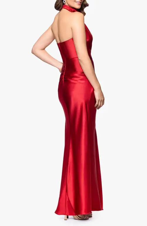 Betsy & Adam Charmeuse Halter Trumpet Gown