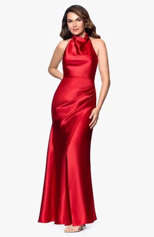Betsy & Adam Charmeuse Halter Trumpet Gown