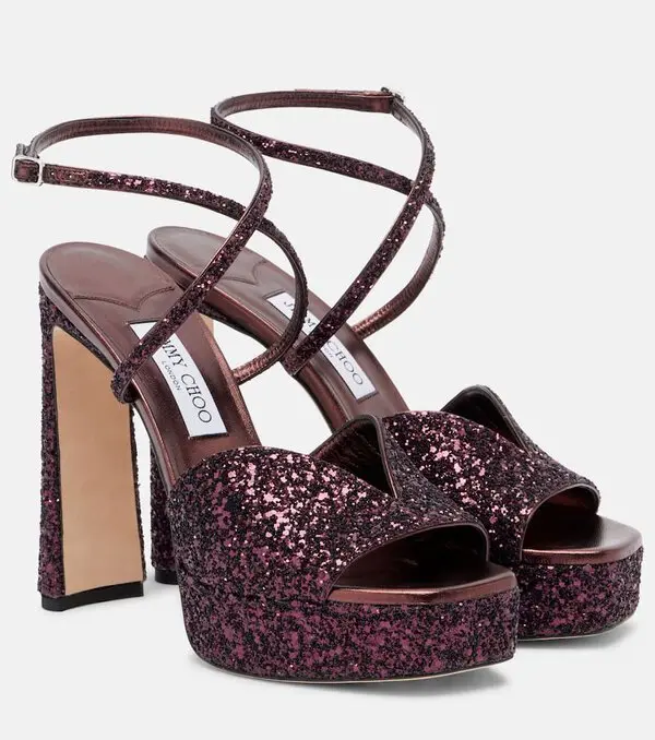 JIMMY CHOO Karli 125 Glitter Platform Sandals - Burgundy