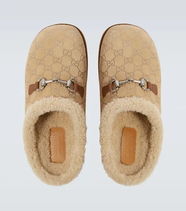 Gucci Gg Shearling-trimmed Suede Mules