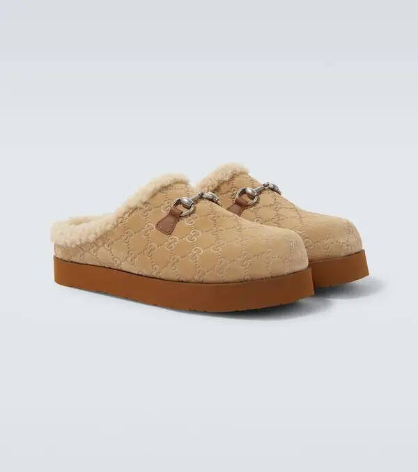 Gucci Gg Shearling-trimmed Suede Mules