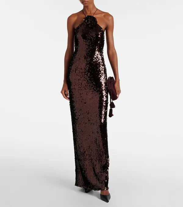 Magda Butrym Floral-appliqué Sequined Gown - Brown