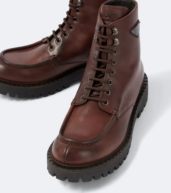 Prada Leather Lace-up Boots - Brown