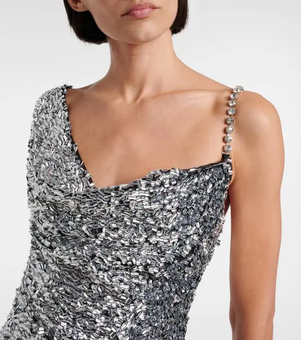 AREA One-shoulder Sequined Gown