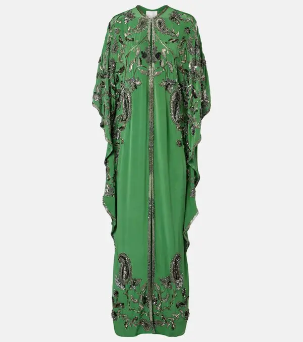 Johanna Ortiz Mystical Gaucho Embellished Silk Kaftan - Green