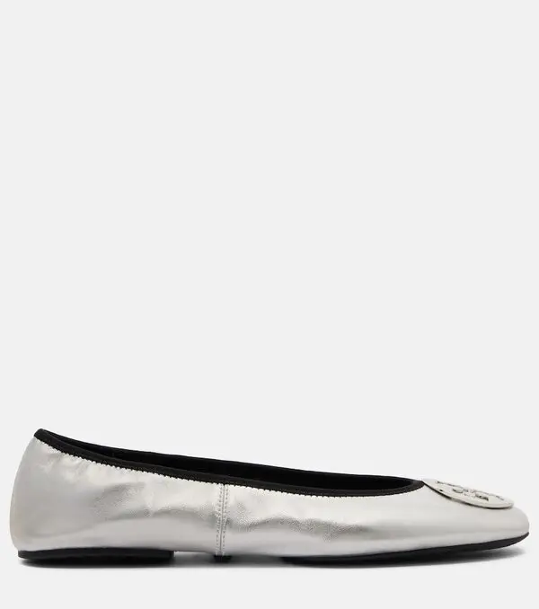 Tory Burch Reva Travel Leather Ballet Flats - Silver