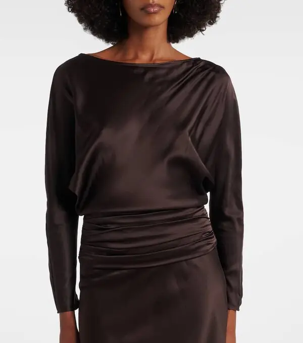 Staud Freda Ruched Silk-blend Gown - Brown