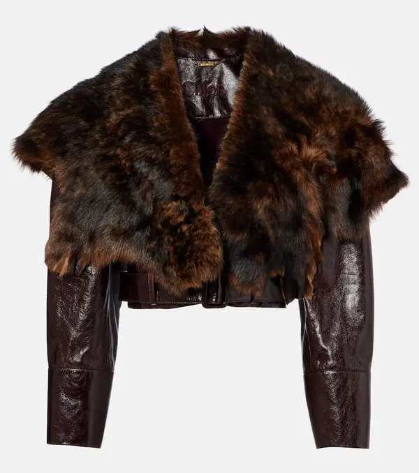 Chloé Cropped Shearling-trimmed Leather Jacket - Burgundy