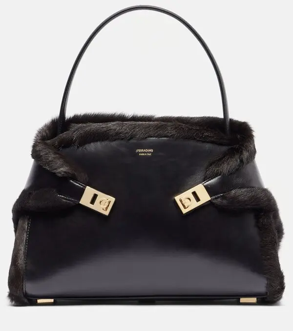 FERRAGAMO - Hug Medium Shearling-Trimmed Leather Shoulder Bag