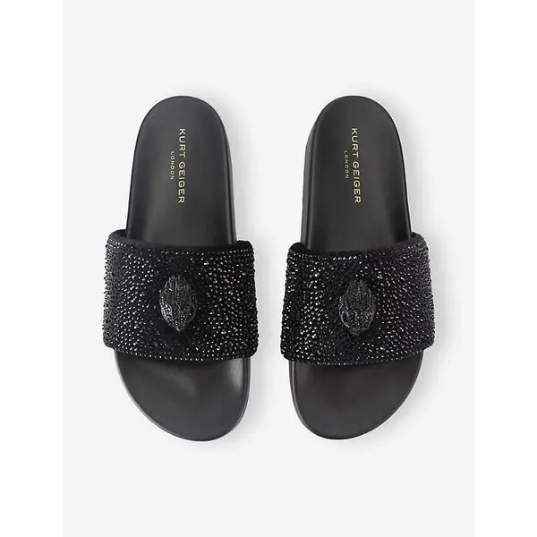 Kurt Geiger Black Padded Slide Sandals with Decorative Metal Crest Black Slide On Sandals | Meena Eagle Drench | Kurt Geiger main image 3
