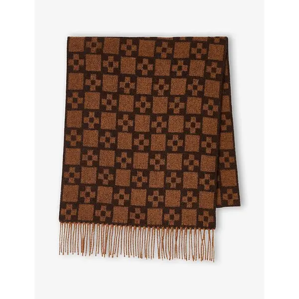 Sandro Monogram-pattern Fringed Wool Scarf - Cognac