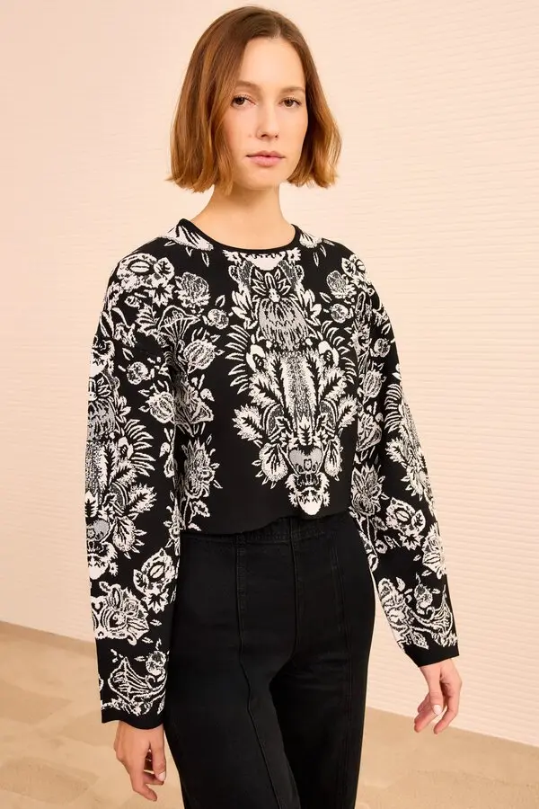 Ulla Johnson Elisa Long Sleeve Jacquard Pullover Knit Sweater - Noir