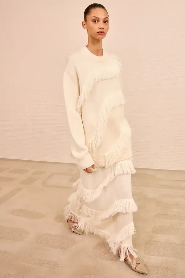 Ulla Johnson Ina Fringe Pullover Knit Sweater - Cowrie