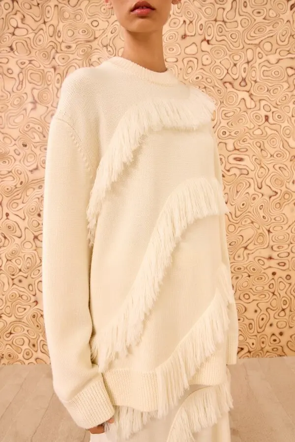 Ulla Johnson Ina Fringe Pullover Knit Sweater - Cowrie