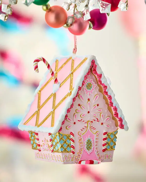GLITTERVILLE Rainbow Gingerbread Cottage Christmas Ornament, Light Pink - One-color