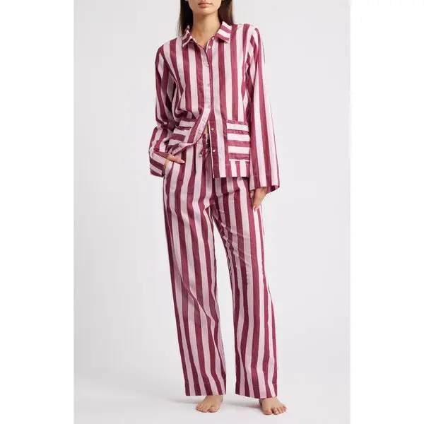 DAMSON MADDER Florie Stripe Organic Cotton Pajamas - Burgundy/pink Stripe