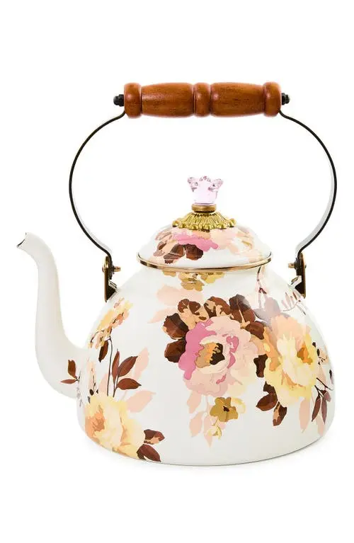 MACKENZIE-CHILDS Wild Rose Enameled Steel 3-quart Tea Kettle - White