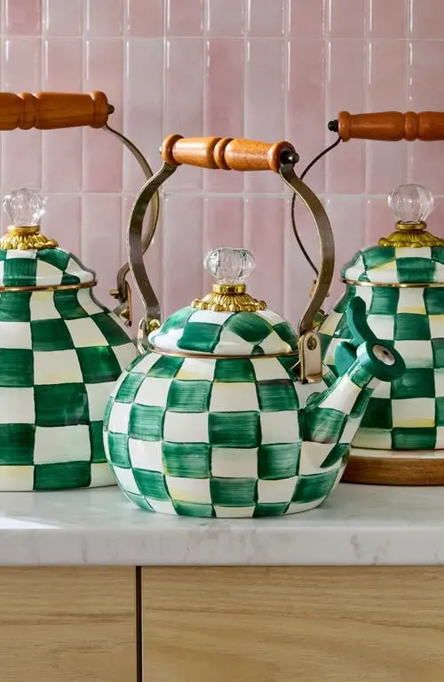 MACKENZIE-CHILDS Check Enameled Steel 2-quart Whistling Tea Kettle - Emerald