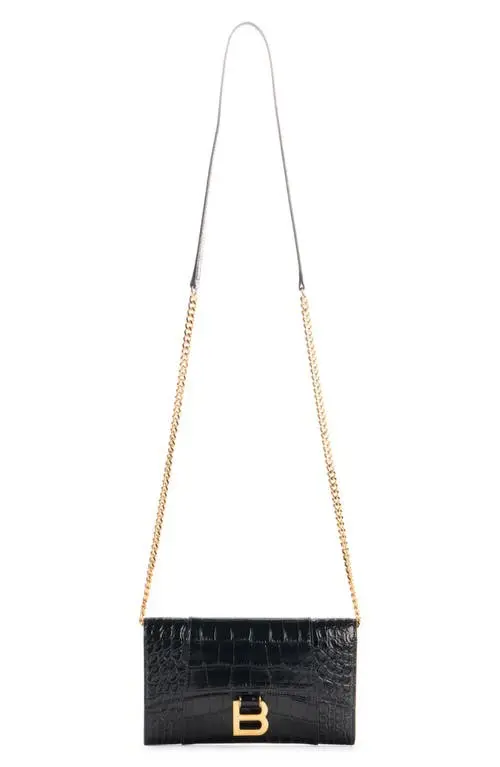 Balenciaga Hourglass Croc Embossed Patent Leather Wallet On A Chain - 1000 Black