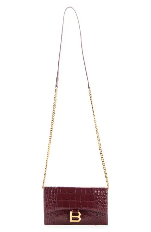 Balenciaga Hourglass Croc Embossed Patent Leather Wallet On A Chain - 6036 Dark Burgundy